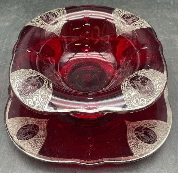 (H) Vintage Sterling Silver Overlay Ruby Red Footed Bowl with Matching ...