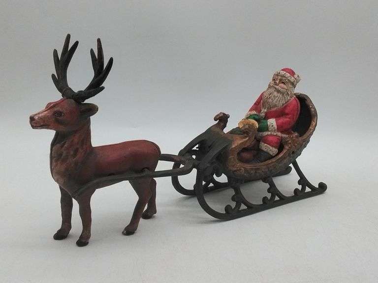(A) Die Cast Iron Santa Claus On Sleigh With Raindeer 13.5 " Long ...