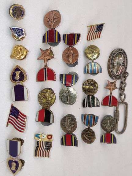 Various War Pins Incl. Purple Heart Pins, Infantry Officer Pins, WWII ...