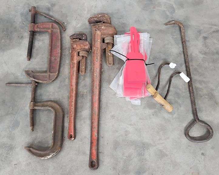 (W) Assortment of Tools Including Large Pipe Wrenches and C-Clamps ...