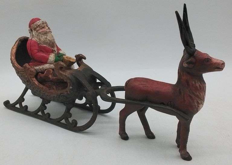 (A) Die Cast Iron Santa Claus On Sleigh With Raindeer 13.5 " Long ...