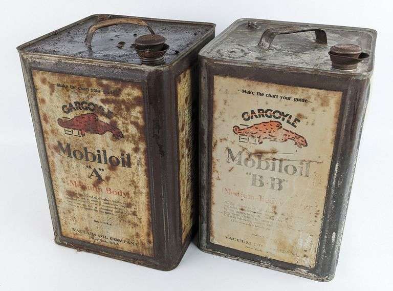 (2) Early Gargoyle Mobiloil 5 Gallon Oil Cans - Kraft Auction Service, LLC
