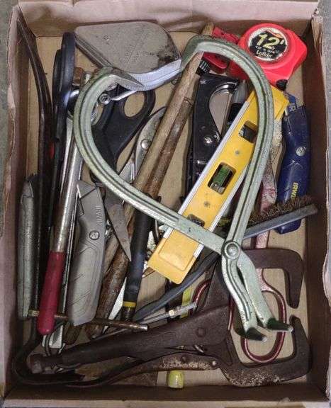 Various Tools Incl. 12' Tape Measure, Irwin Box Cutters, Ice Tongs, Etc ...