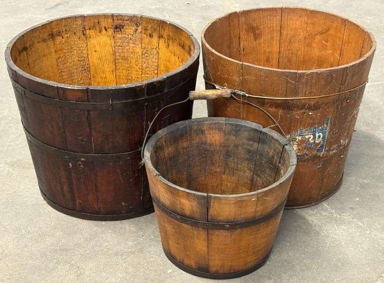 Vtg. Pure Lard Wooden Bucket, and Unmarked Banded Wooden Barrel Buckets ...
