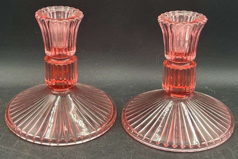 (G) Fenton Pink Glass Candle Holders - Kraft Auction Service, LLC