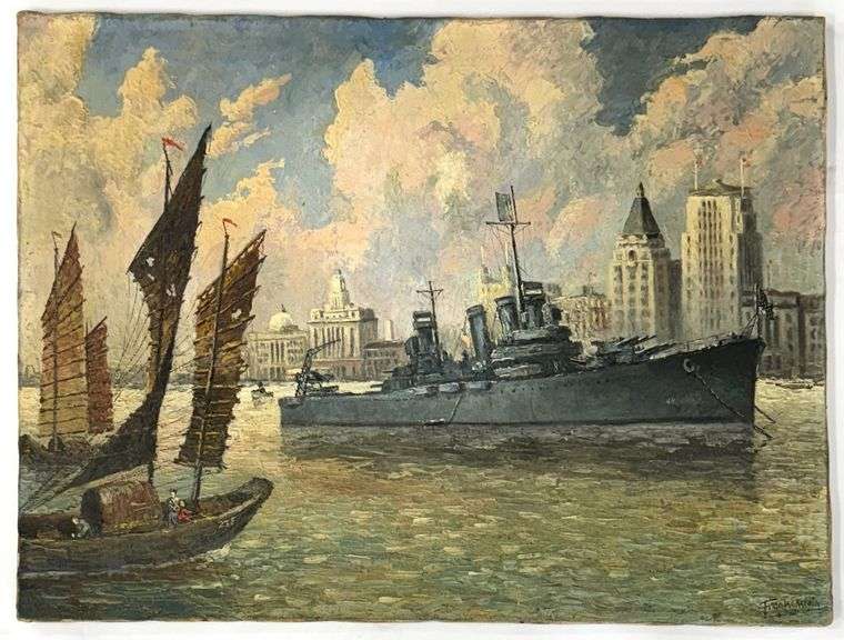 1945 Frankenstein (Austrian Jewish Refugee) SS Nashville Oil on Canvas, Presented to Capt. Donn ...