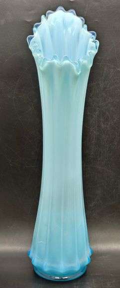 (D) Fostoria opalescent glass swung vase, Heirloom blue line (19" tall ...