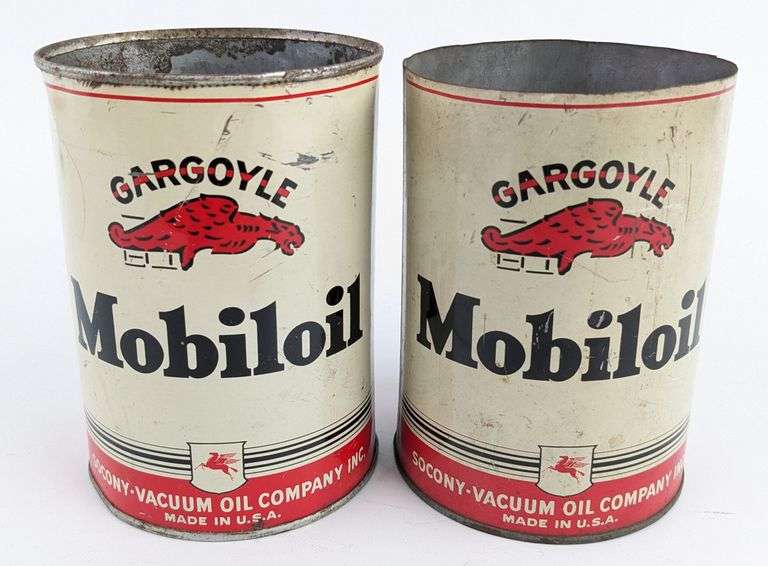 (2) Early Gargoyle Mobiloil 1 Quart Metal Oil Cans - Kraft Auction ...