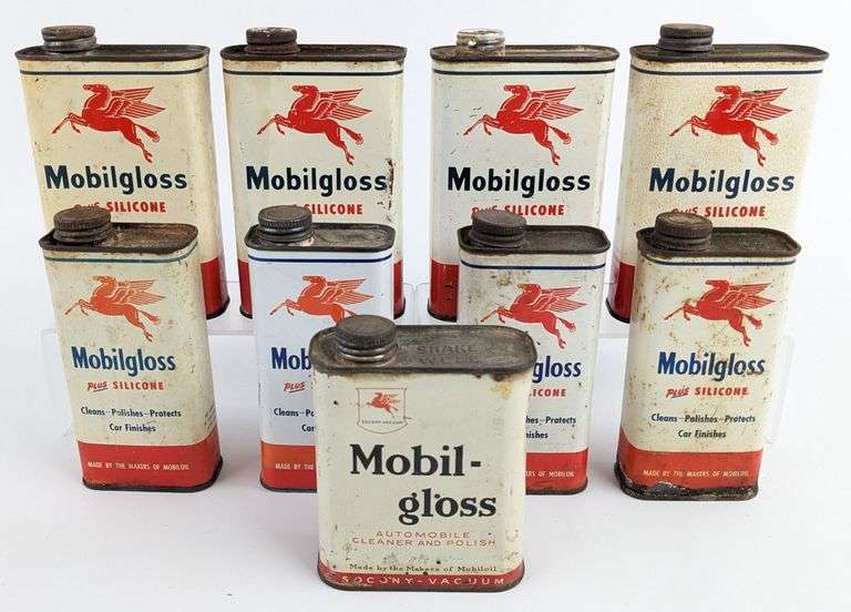 (9) Vintage Mobil Mobilgloss Auto Polish Metal Cans - Kraft Auction ...