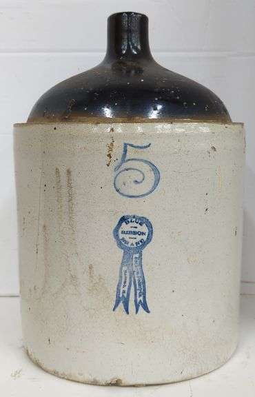 (AW) Vtg Blue Ribbon #5 Salt Glaze Whiskey Jug - Kraft Auction Service, LLC