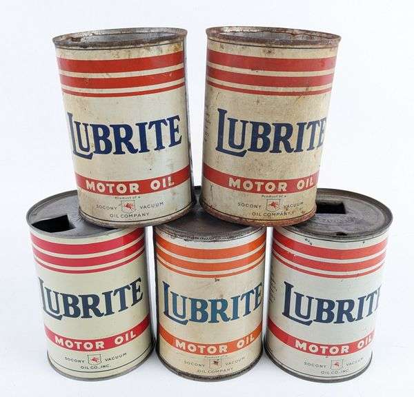 (5) Vintage Mobil Lubrite Motor Oil One Quart Metal Oil Cans - Kraft ...