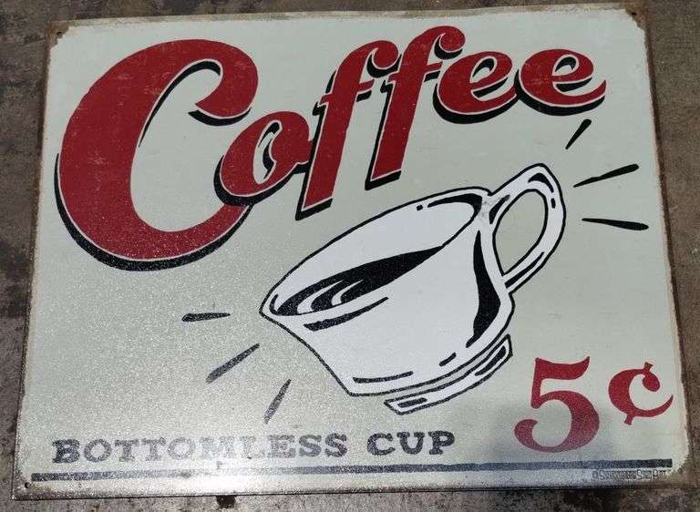 (PQ) Coffee 5 cent 12x16 tin sign - Kraft Auction Service, LLC