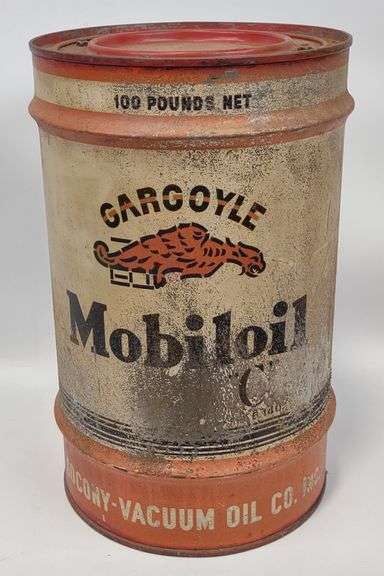 Early Gargoyle Mobiloil "C" 100lb Oil Can / Drum - Kraft Auction ...