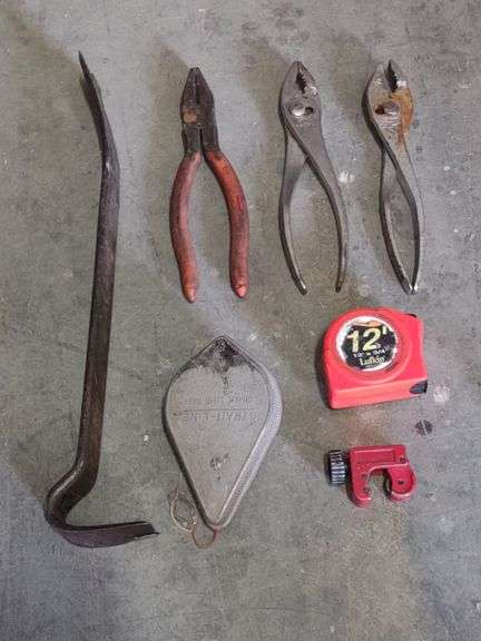 Various Tools Incl. 12' Tape Measure, Irwin Box Cutters, Ice Tongs, Etc ...