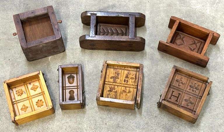 (7) Various Primitive Wooden Butter Molds with Hinged Sides - Kraft ...