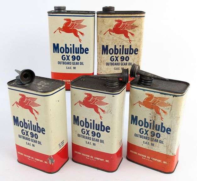 (5) Vintage Mobilube GX 90 Outboard Gear Oil 2lb Metal Oil Cans - Kraft ...