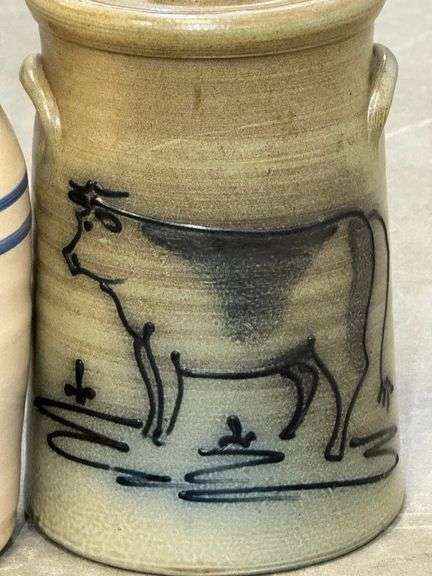 1 Gallon Hand Turned Marshall Pottery Butter Churn & Rowe Pottery Cow ...