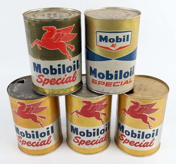 (5) Vintage Mobil Mobiloil Special One Quart Metal Oil Cans - Kraft ...