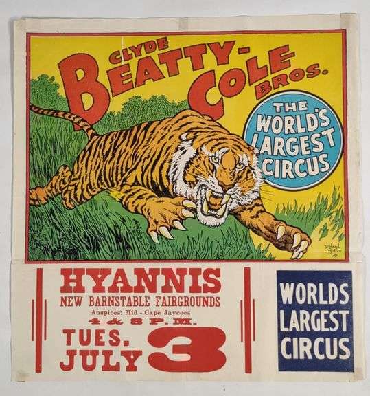Vintage Clyde Beatty Cole Bros Circus Poster w Tiger Graphic - Kraft ...