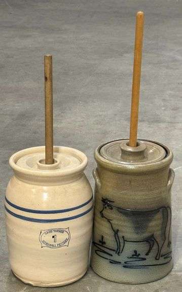 1 Gallon Hand Turned Marshall Pottery Butter Churn & Rowe Pottery Cow ...