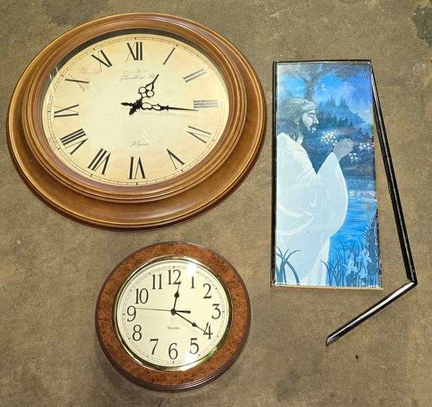 (LM) Two plastic clocks (21" and 11") and a framed print (8"x21 ...