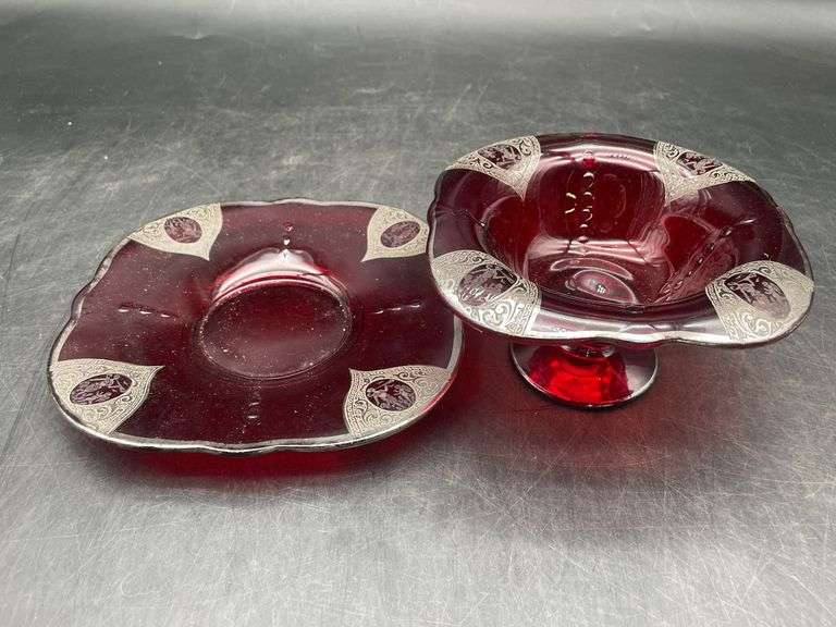 (H) Vintage Sterling Silver Overlay Ruby Red Footed Bowl with Matching ...