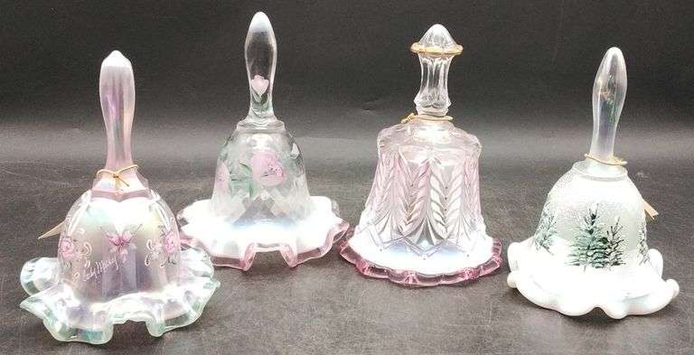 (D) Fenton Hand Painted Glass Bells Opalescent Pink Floral Ruffed Bell ...