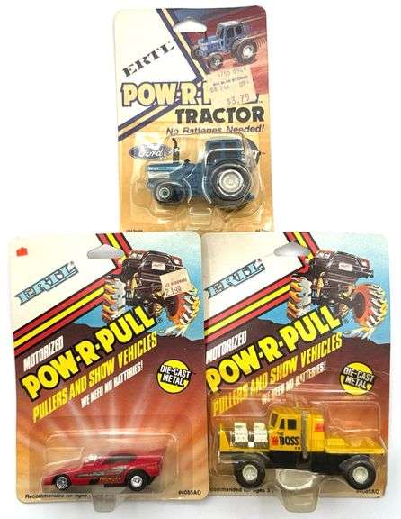 (3) ERTL 1:64 Pow-R-Pull Scale Models in Blister Packs, Friction Drive ...