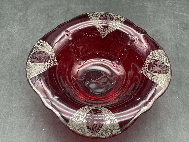 (H) Vintage Sterling Silver Overlay Ruby Red Footed Bowl with Matching ...