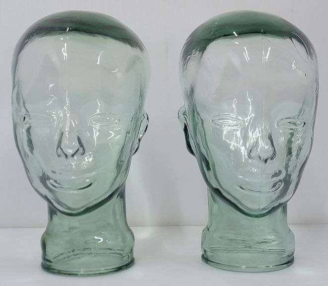 (AM) Green Glass Mannequin Head Hat Displays - Kraft Auction Service, LLC