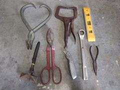 Various Tools Incl. 12' Tape Measure, Irwin Box Cutters, Ice Tongs, Etc ...