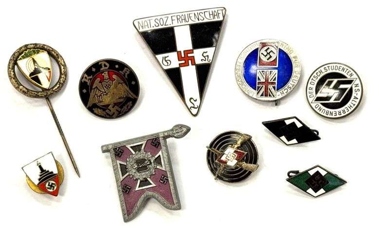 (10) German WW2 Enamel and Tin Pins - Kraft Auction Service, LLC