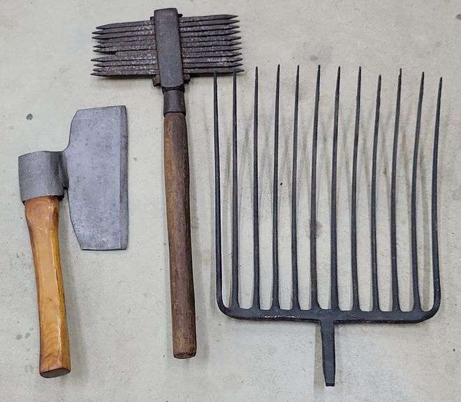 (Z) Vintage Broad Axe, Stone Mason Axe And A Hay/Manure Fork Head ...