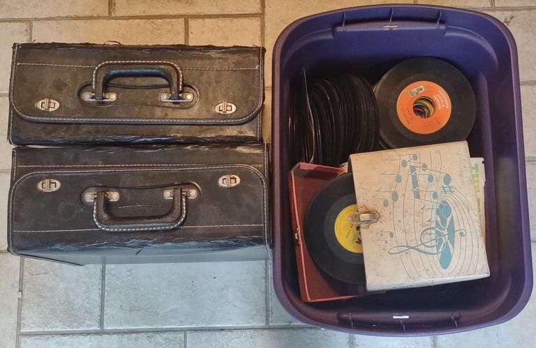 Tote of 45 Vinyl Records & Carrying Case - Kraft Auction Service, LLC