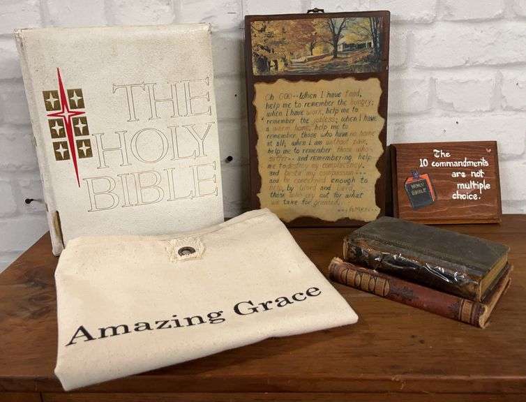 Religious Memorabilia Including Leather Bible, Wooden Wall Decor And ...
