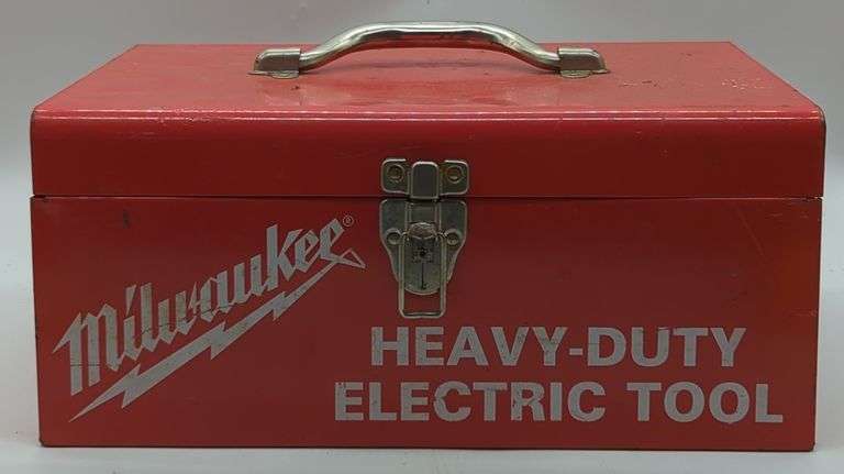 (U) Milwaukee Metal toolbox with assorted tools and Drill and charger ...