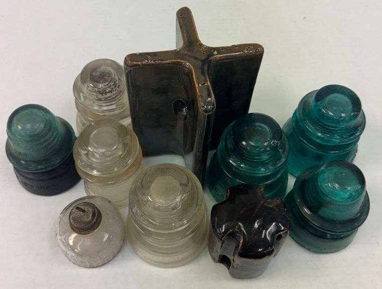 6-Teal And Clear Glass Insulators & A Brown Painted X Shaped Insulator ...