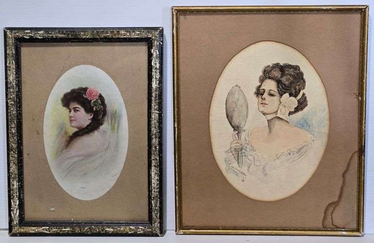 (D) Wood framed portrait paintings by Mrs. Truin J. Dalby and Denise. 2 ...