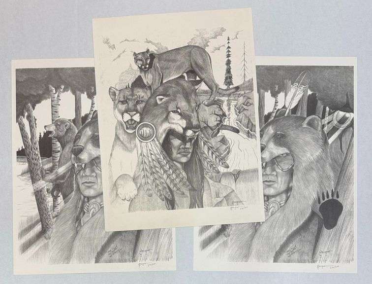 2-Bear & 1-Mountain Lion Headdress Native American Signed Print by ...