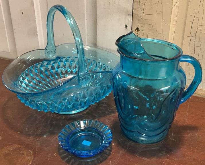 Blue Glass Basket, Pitcher And Dish - Kraft Auction Service, LLC