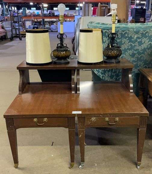 (D) Vintage 2 Tier One Drawer End Tables and Lamps - Kraft Auction ...