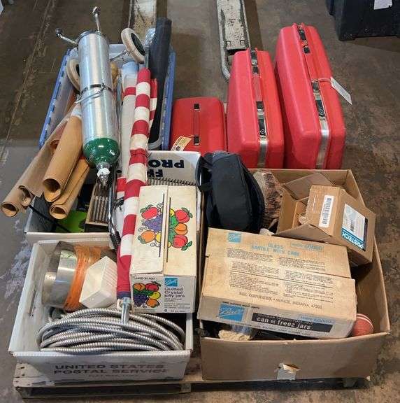 (A) Pallet Including Sand Paper, Samsonite suitcases, ball Jars And ...