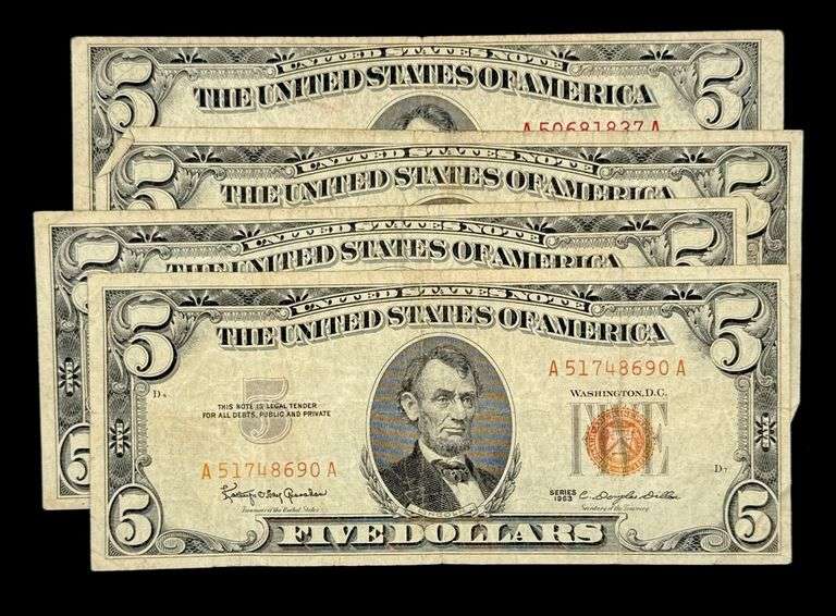 (4) 1953 & 1963 U.S. $5 Red Seal Federal Reserve Notes - Kraft Auction ...