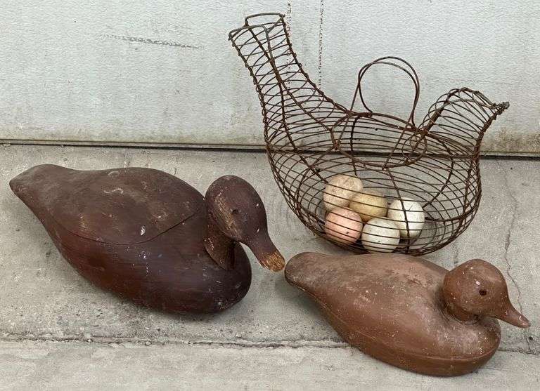 (M) Carved Wood Duck, Avon Duck Decoy Box, & Wire Chicken Egg Basket ...