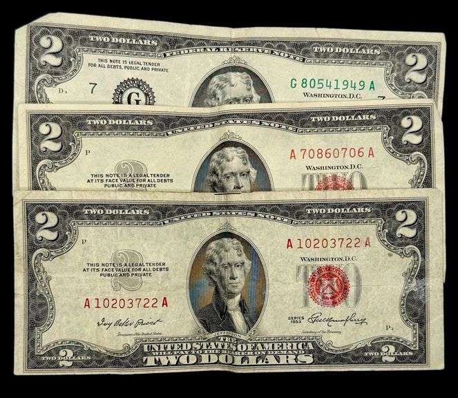 1953, 1953-B U.S. $2 Federal Reserve Red Seal Notes & 1976 $2 Green ...