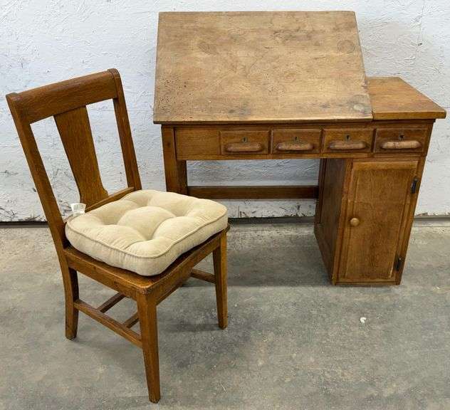 (H) Oak 4-Drawer Drafting Table W/ Chair And Seat Cushion - Kraft ...