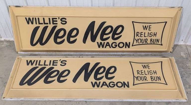 2) 6ft Vintage Willie's Wee Nee Wagon Lexon Advertising Signs - Kraft ...
