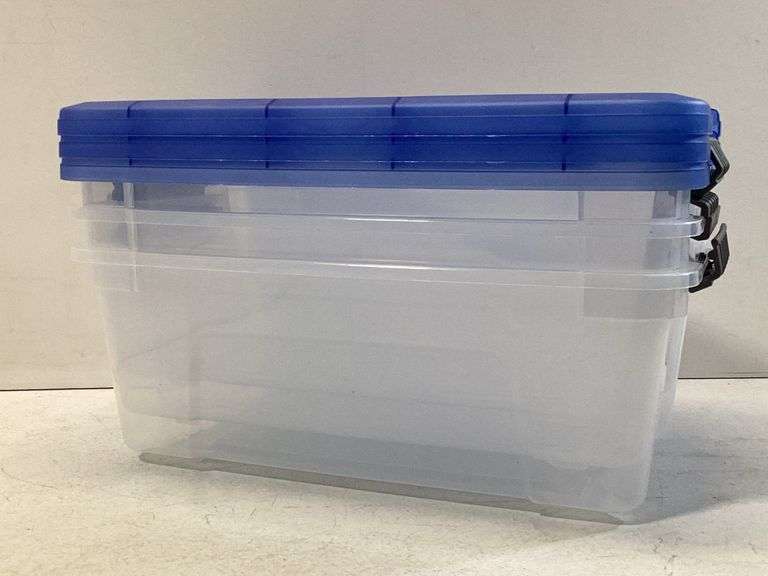 (3) (12 quarts) small clear plastic totes with blue lids - Key City ...