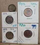 4 Indian Head Pennies & 1857 Flying Eagle - Kramer Auction LLC