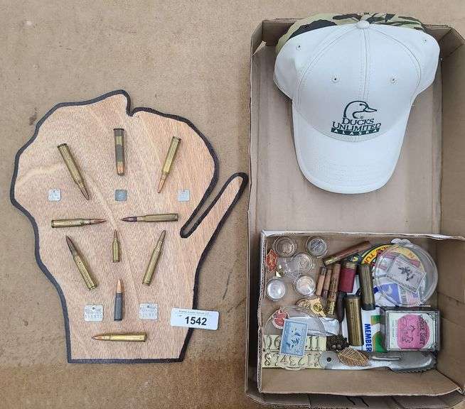 box of misc. Sporting items & Shell/Trap Display - Kramer Auction LLC